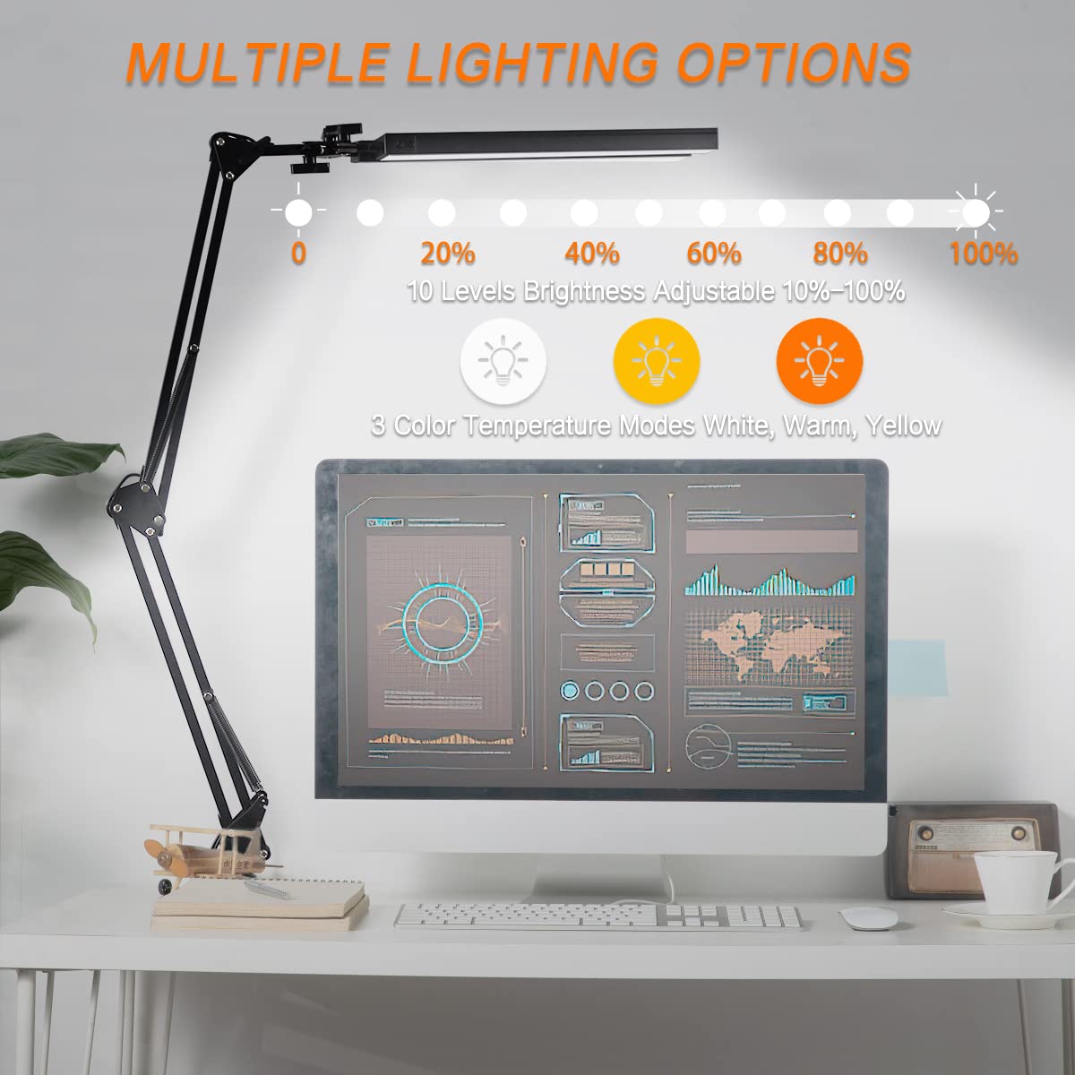 Hitish LED Desk Lamp, 24W Super Bright Architect Desk Lamp with 3 Color Modes & 10 Brightness Levels for Home & Office, Eye Protection Swing Arm Desk Lamp with Base & Clamp for Study, Work, Monitor