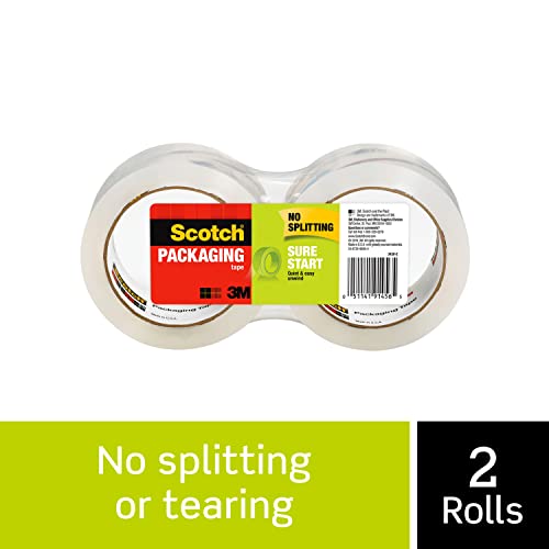 Scotch Sure Start Packaging Tape, 1.88" x 54.6 yd, Designed for Packing, Shipping and Mailing, No Splitting or Tearing, 3" Core, Clear, 2 Rolls (3450-2)