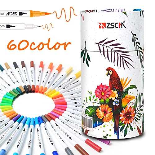 ZSCM Duo Tip Brush Markers, 60 Colors Adult Coloring Books Drawing Colored Pens Fine Point Water Based Markers, for Kids School Supplies Note Taking Bullet Journal Sketching