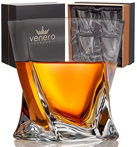 VENERO Crystal Whiskey Glasses, Set of 4 Rocks Glasses in Satin-Lined Gift Box - 10 oz Old Fashioned Lowball Bar Tumblers for Drinking Bourbon, Scotch Whisky, Cocktails, Cognac