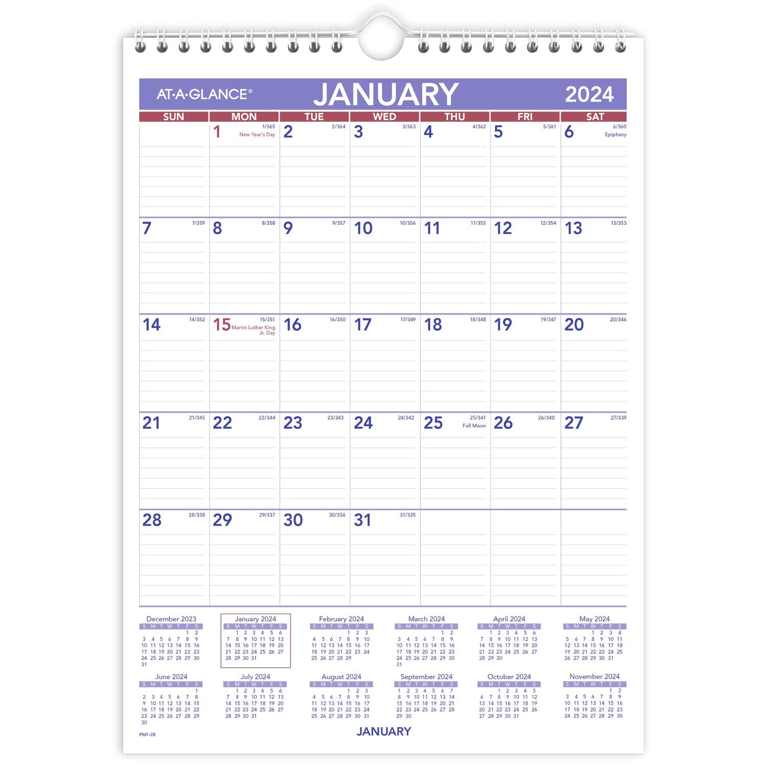 AT-A-GLANCE 2024 Wall Calendar, 8" x 11", Small, Ruled Blocks, Spiral Bound, Monthly (PM12824)