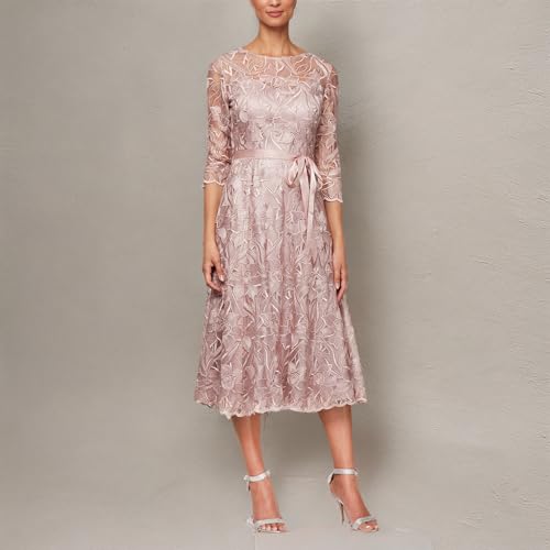 Alex Evenings Women's Tea Length Embroidered Cocktail Dress with Illusion Sleeves, Wedding Guest, Rose, 8