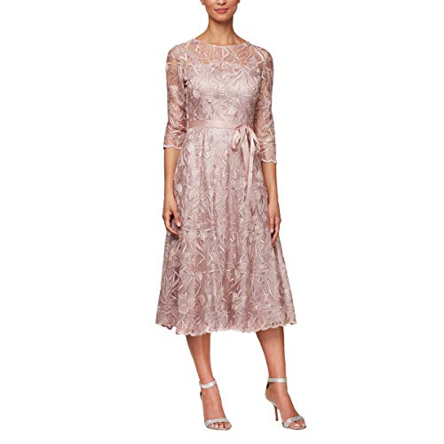 Alex Evenings Women's Tea Length Embroidered Cocktail Dress with Illusion Sleeves, Wedding Guest, Rose, 8