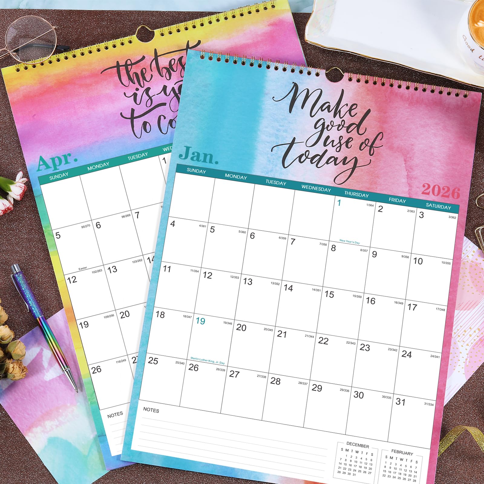 Calendar 2025-2026 - Wall Calendar 2025-2026, July 2025 - December 2026, 18 Monthly with Thick Paper, 12" x 17", Large Blocks with Julian Dates, Twin-Wire Binding, Hanging Hole