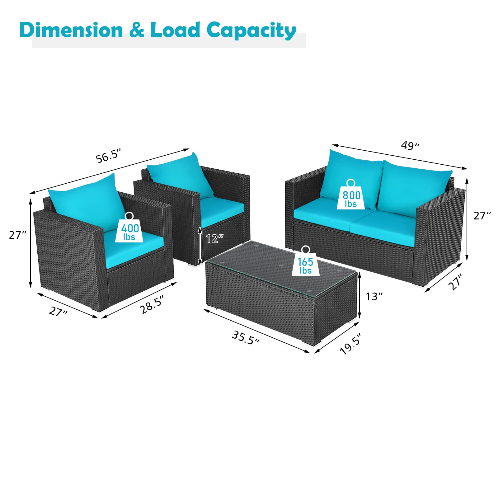 Tangkula 4 Piece Patio Rattan Conversation Furniture Set, Outdoor Wicker Sofa Set with Padded Cushion & Tempered Glass Coffee Table, Wicker Sectional Sofas and Table for Courtyard (1, Turquoise)
