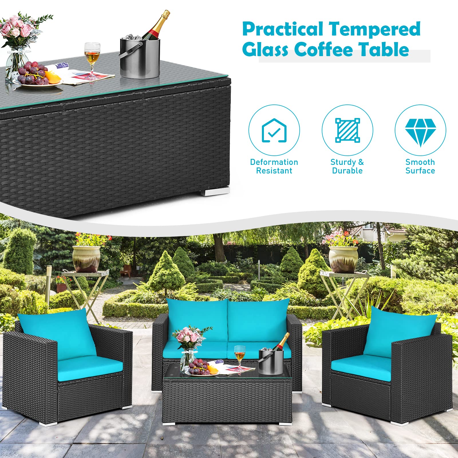 Tangkula 4 Piece Patio Rattan Conversation Furniture Set, Outdoor Wicker Sofa Set with Padded Cushion & Tempered Glass Coffee Table, Wicker Sectional Sofas and Table for Courtyard (1, Turquoise)