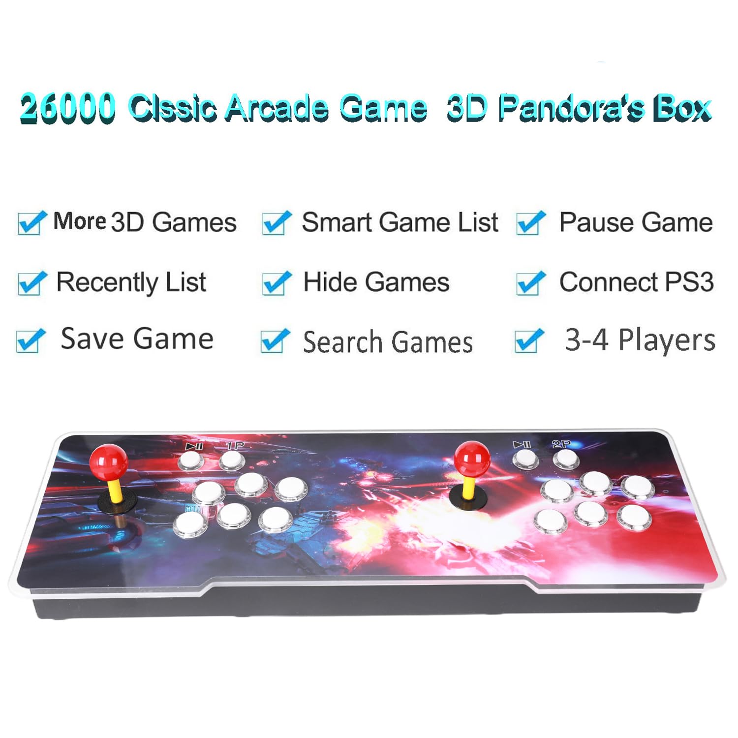 Uiexer 26000 Classic Arcade Pandora's Box, 3D Arcade Game Console Support 3D Game, 1280x720 Full HD, Search/Save/Hide/Pause Game, HDMI VGA, 4 Players Online Game