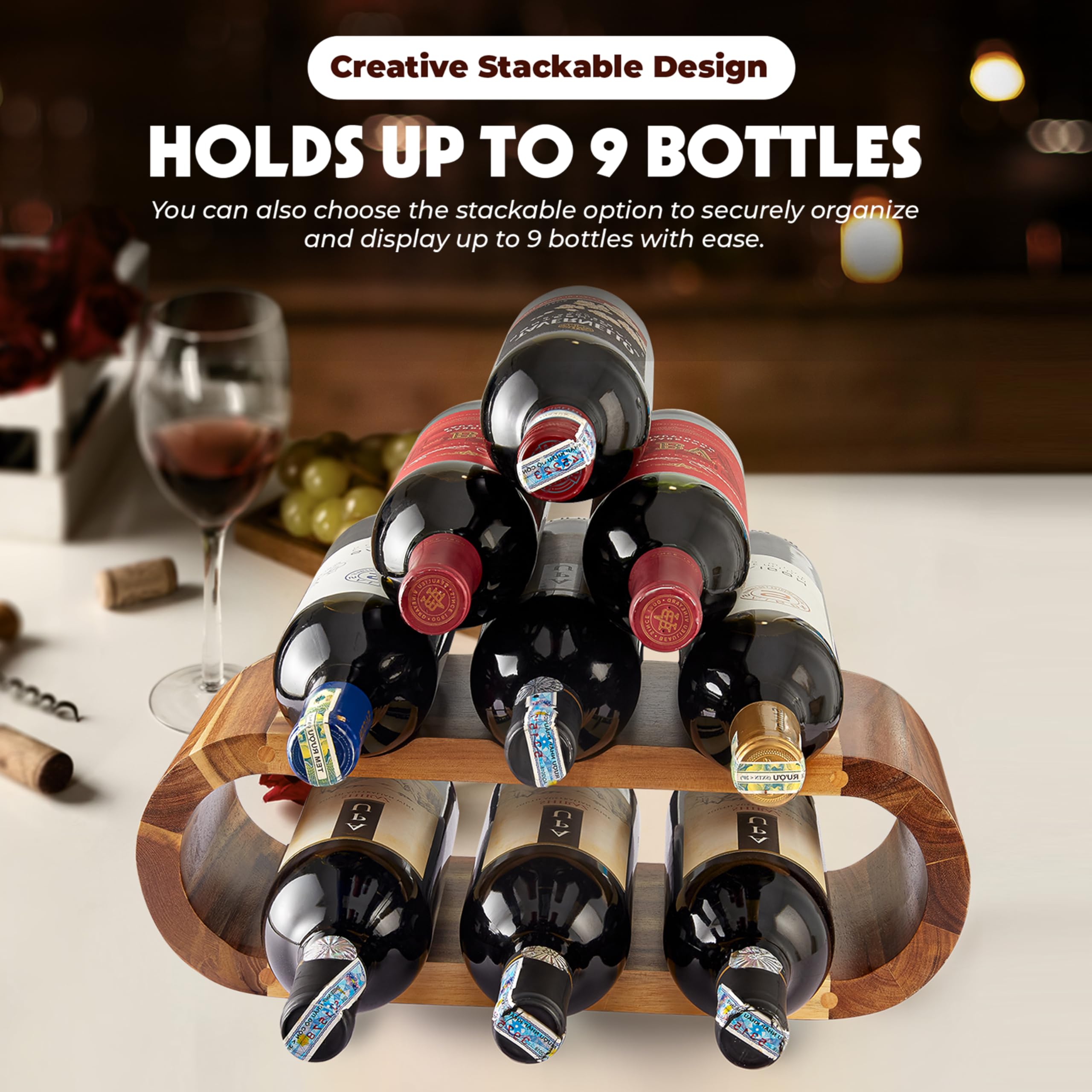 BLUEWEST Wooden Wine Racks Countertop, 8 Bottle Wine Rack, Acacia Wine Bottle Holder Stand, Free Standing Wine Storage, Wine Shelf Organizer, Perfect for Home Décor and Wine Gifts, No Need Assembly