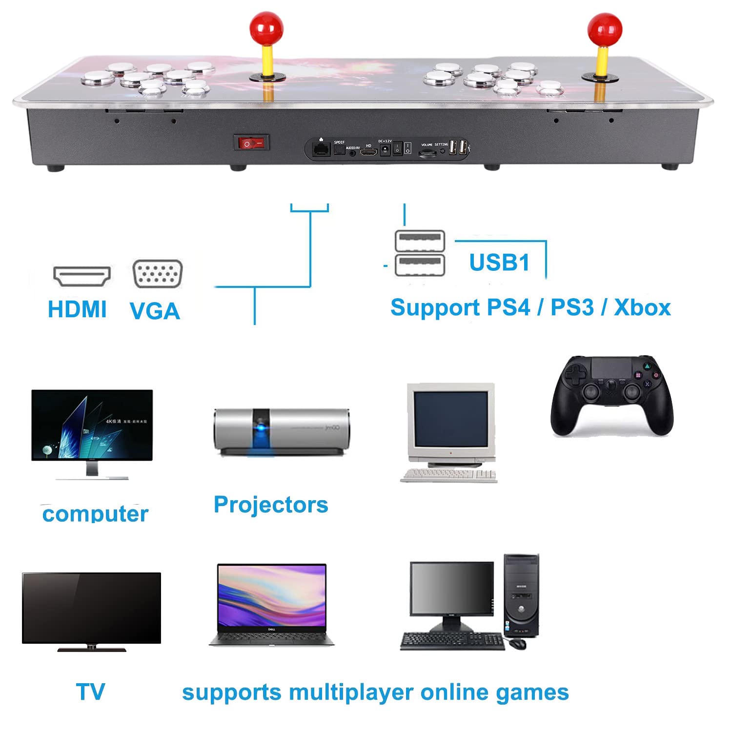 Uiexer 26000 Classic Arcade Pandora's Box, 3D Arcade Game Console Support 3D Game, 1280x720 Full HD, Search/Save/Hide/Pause Game, HDMI VGA, 4 Players Online Game