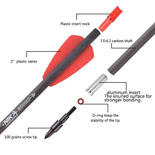 NIKA ARCHERY 7.5" Crossbow Bolts Carbon Arrows SP350 for Cobra System R9 Bow Hunting, Pack of 12