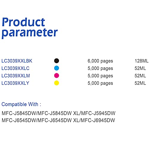 EASYPRINT 5-Pack Combo Compatible 3039xxl Ink Cartridges Replacement for Brother LC3039xxl for MFC-J5845DW, MFC-J5845DW XL, MFC-J5945DW, MFC-J6545DW, MFC-J6545DW XL, MFC-J6945DW, (2B, 1C, 1M, 1Y)