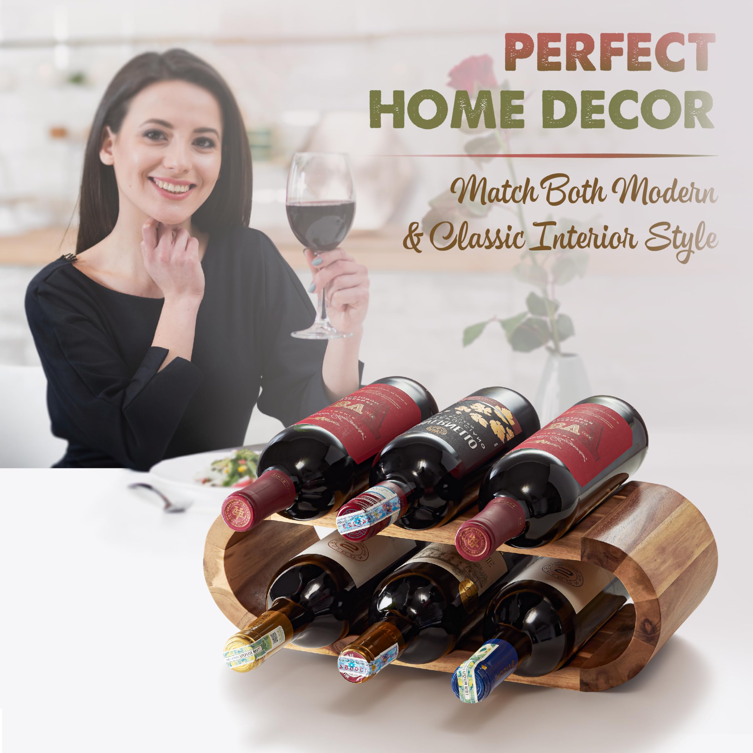 BLUEWEST Wooden Wine Racks Countertop, 8 Bottle Wine Rack, Acacia Wine Bottle Holder Stand, Free Standing Wine Storage, Wine Shelf Organizer, Perfect for Home Décor and Wine Gifts, No Need Assembly
