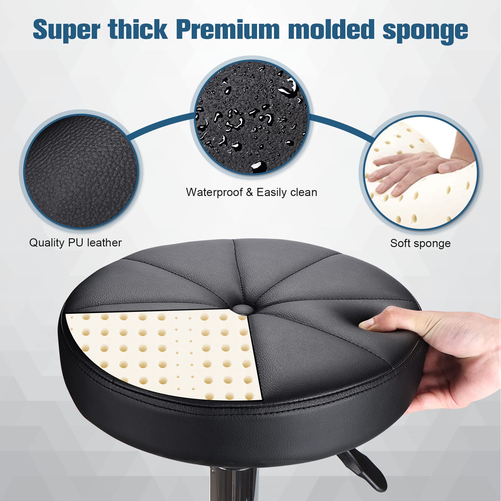 HMTOT Swivel Stool with Wheels Round Rolling Stools PU Leather Height Adjustable Black