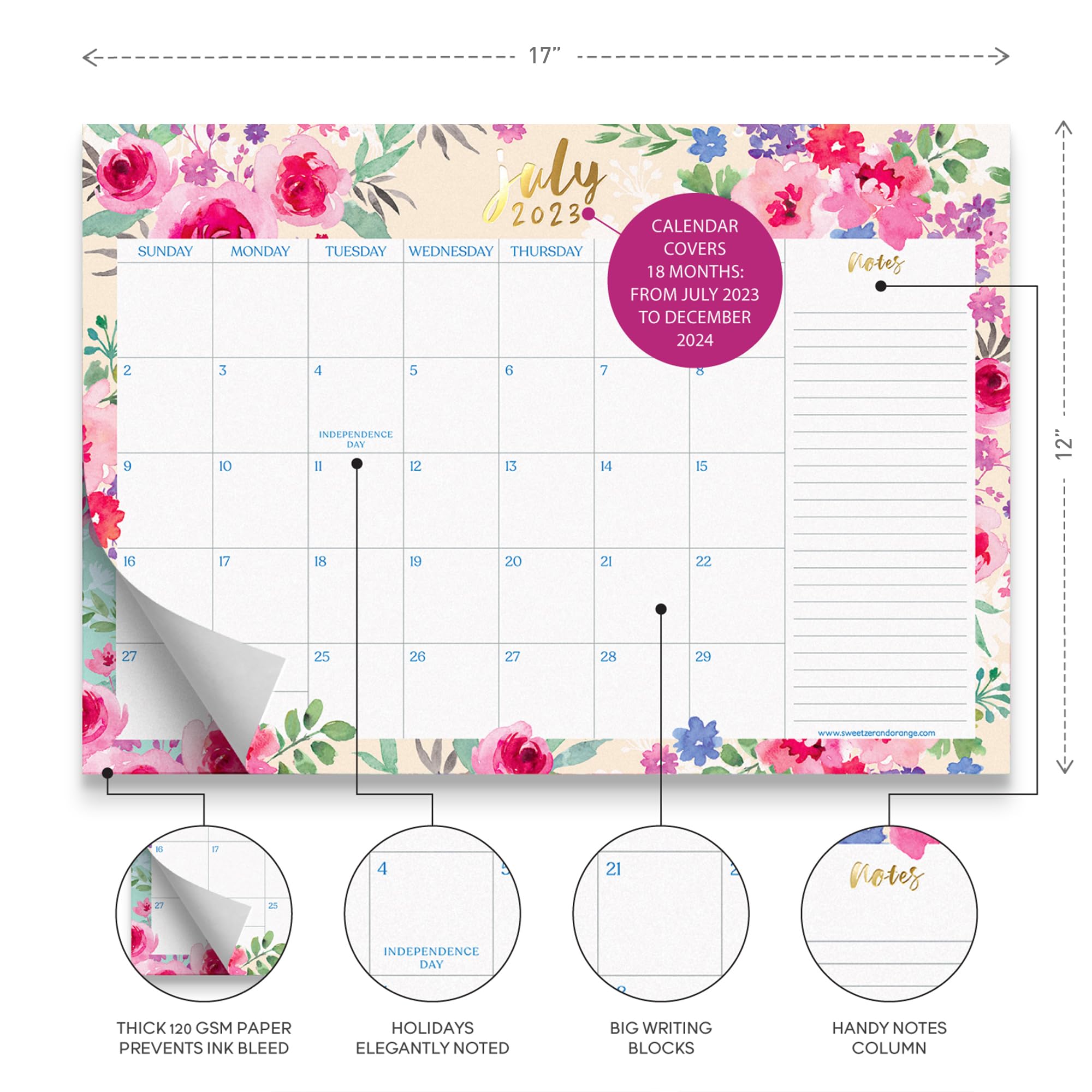 S&O Watercolor Floral Large Tear-Away Table Calendar 2024 - Desktop Calendar Runs from Now to Dec - 12x17in