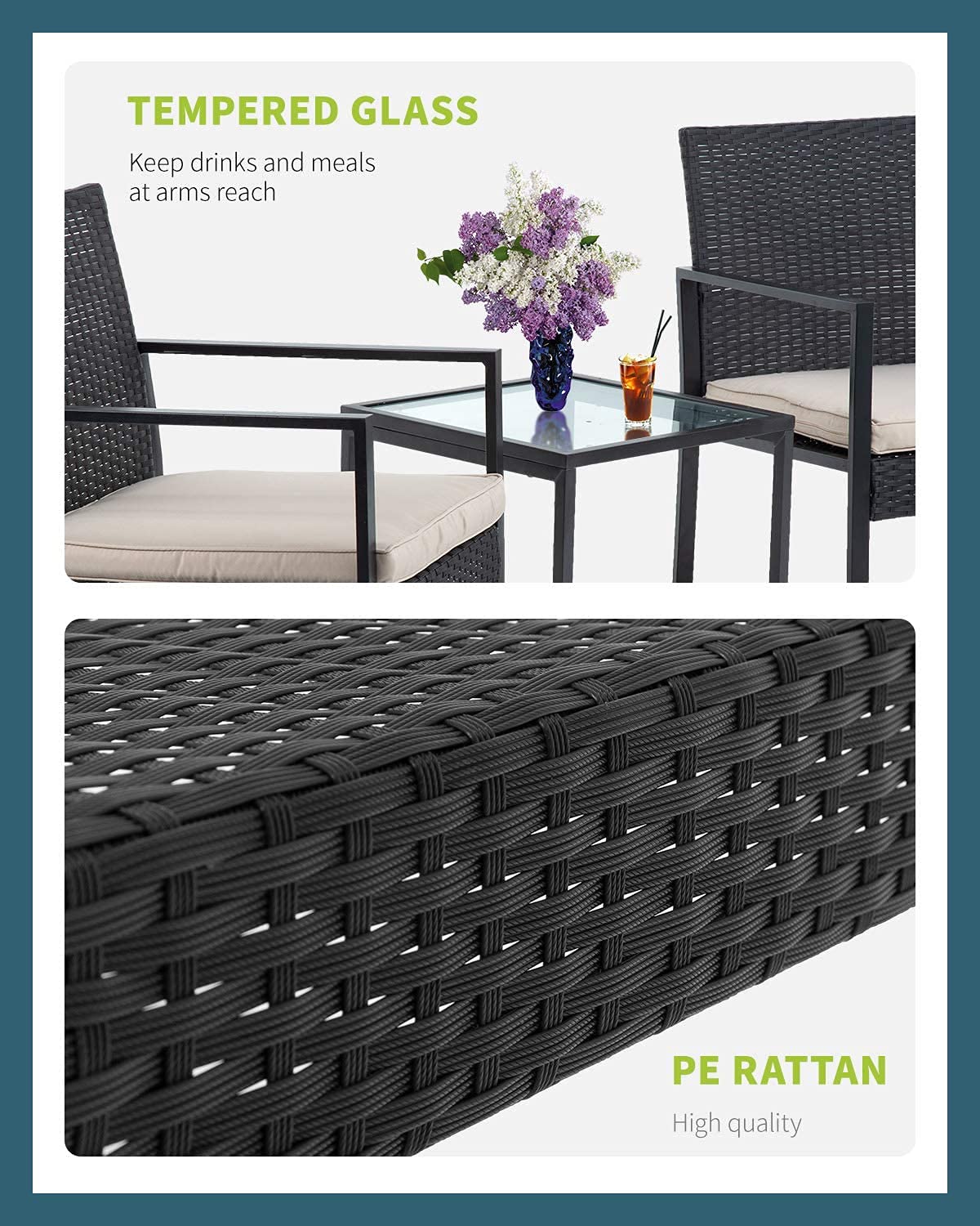 FDW 3 Pieces Outdoor Patio Furniture Wicker Bistro Rattan Chair Conversation Sets for Yard Lawn Balcony Poolside Backyard,Black