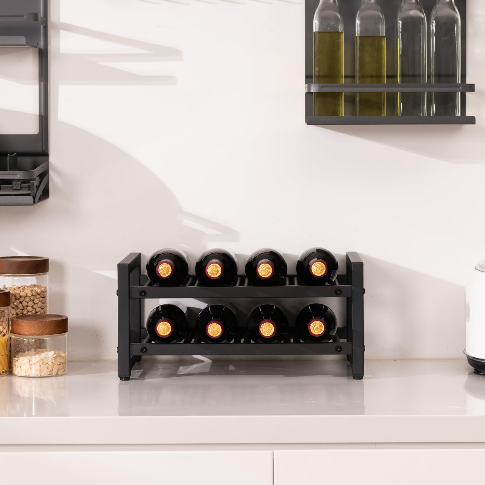 GOFLAME 2-Tier Wine Rack, Freestanding Countertop Wine Display Rack with Adjustable Foot Pads, Rust-Proof Surface, 8-Bottle Metal Wine Bottle Holder for Kitchen, Bar, Pantry, Cellar, Basement, Black