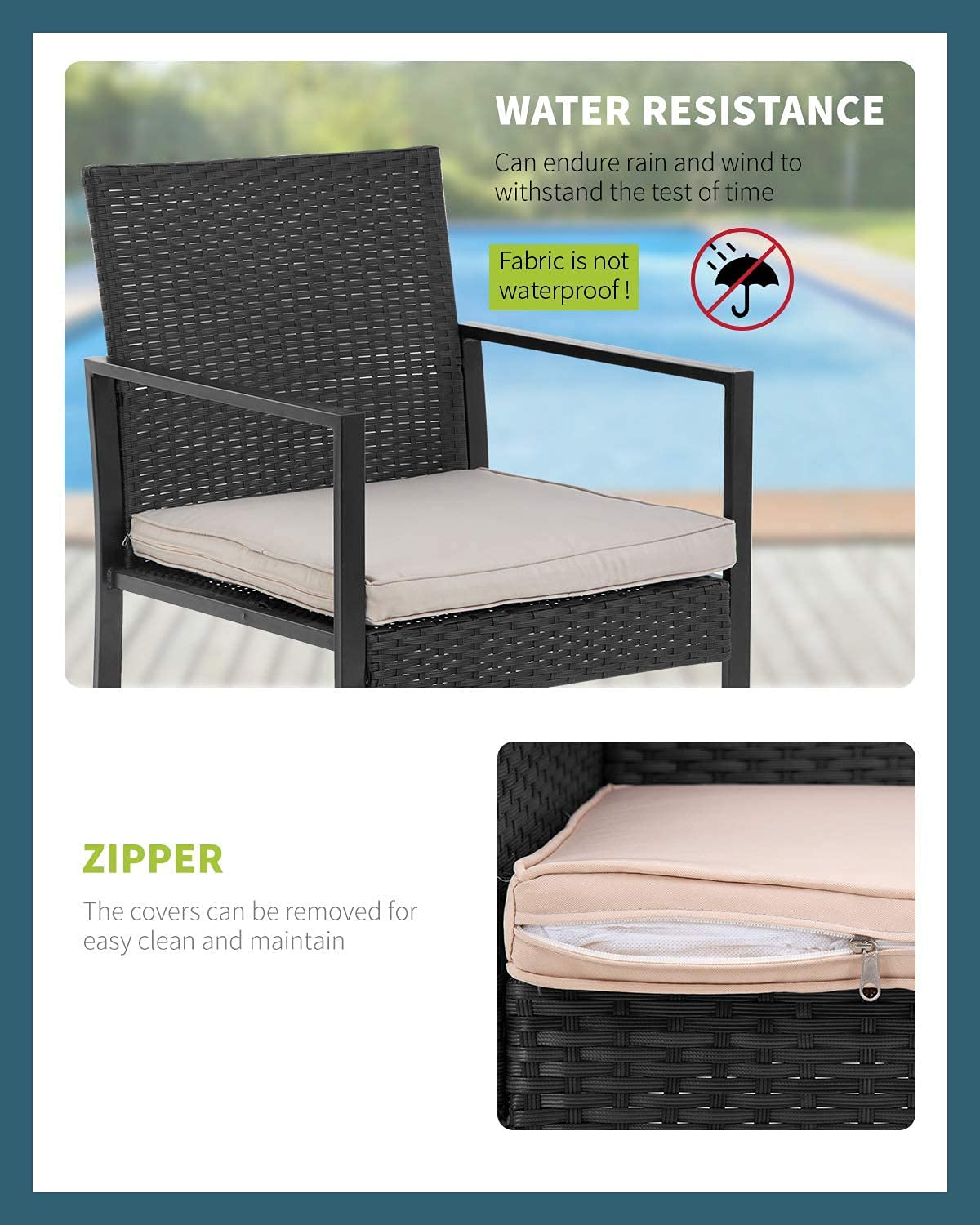 FDW 3 Pieces Outdoor Patio Furniture Wicker Bistro Rattan Chair Conversation Sets for Yard Lawn Balcony Poolside Backyard,Black