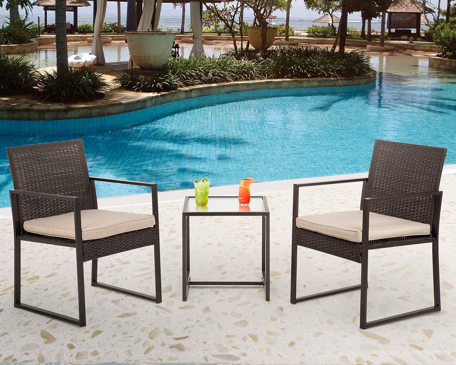 FDW 3 Pieces Outdoor Patio Furniture Wicker Bistro Rattan Chair Conversation Sets for Yard Lawn Balcony Poolside Backyard,Black