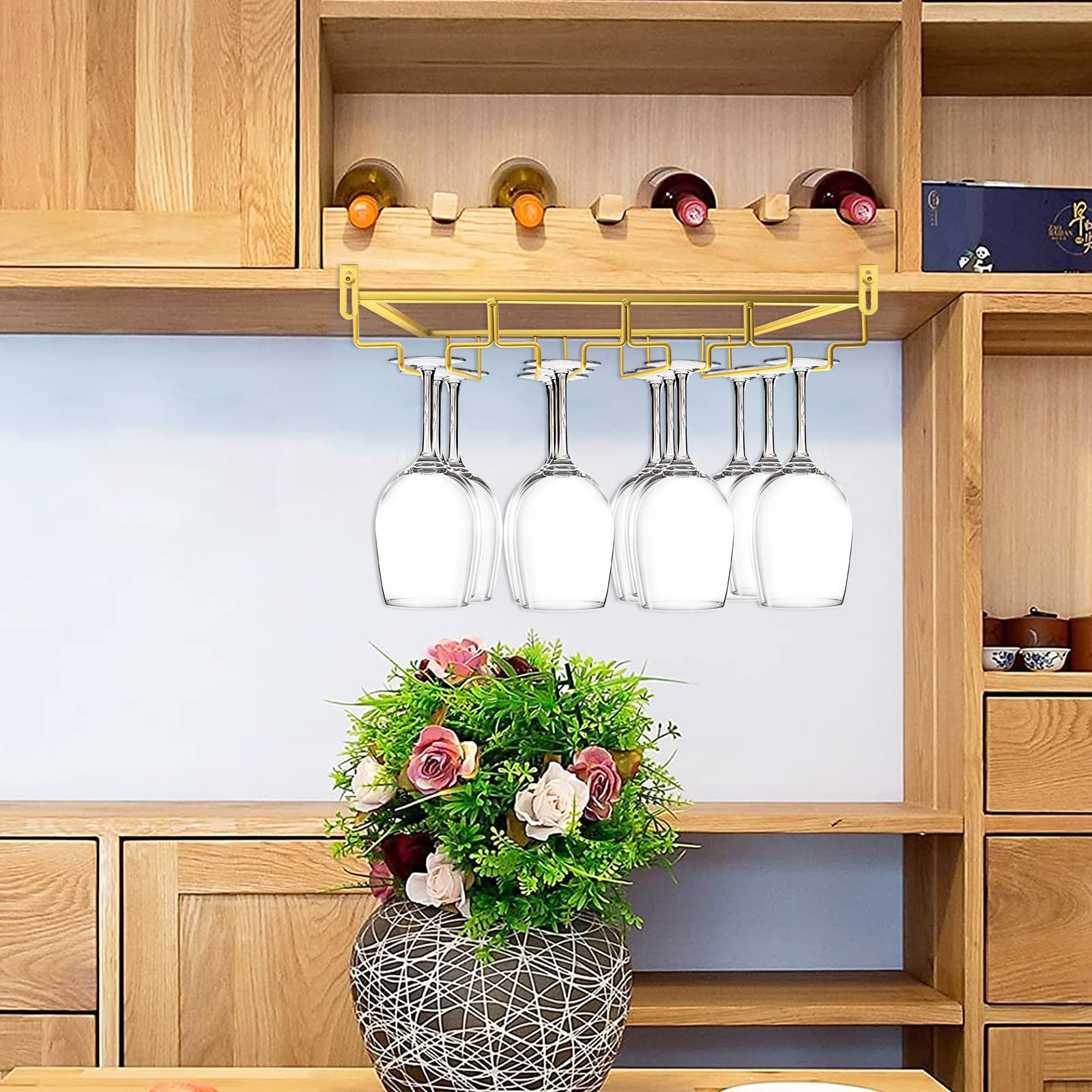 AUHOKY Adjustable Wine Glass Holder Under Shelf, Nail Free Metal Stemware Holder Storage Hanger, Hanging Wine Glasses Rack Organizer Under Cabinet Mount for Bar Kitchen (4 Rows, Gold)