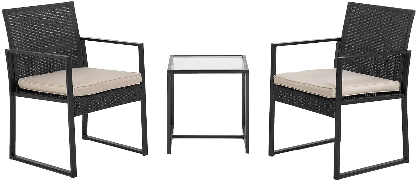 FDW 3 Pieces Outdoor Patio Furniture Wicker Bistro Rattan Chair Conversation Sets for Yard Lawn Balcony Poolside Backyard,Black