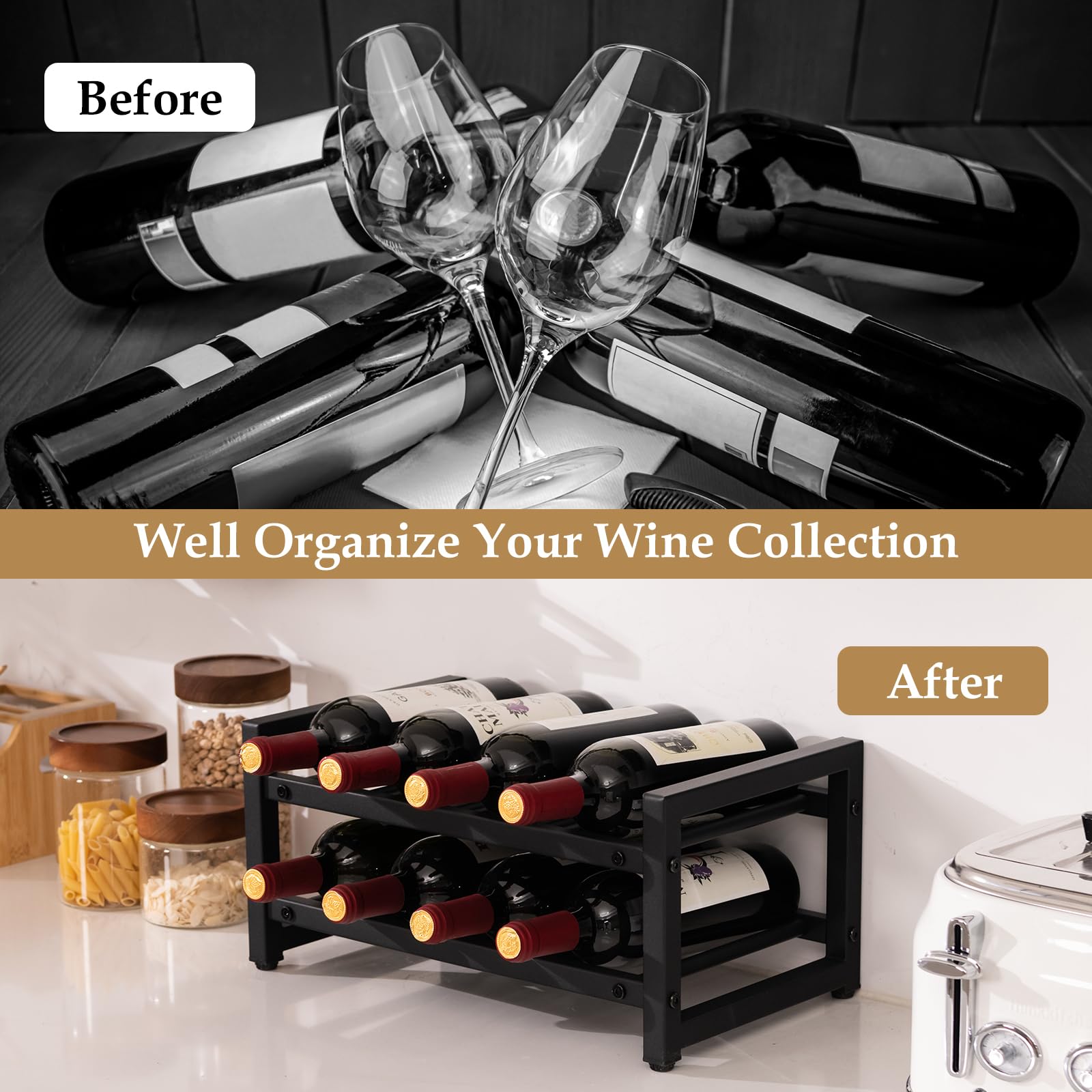 GOFLAME 2-Tier Wine Rack, Freestanding Countertop Wine Display Rack with Adjustable Foot Pads, Rust-Proof Surface, 8-Bottle Metal Wine Bottle Holder for Kitchen, Bar, Pantry, Cellar, Basement, Black