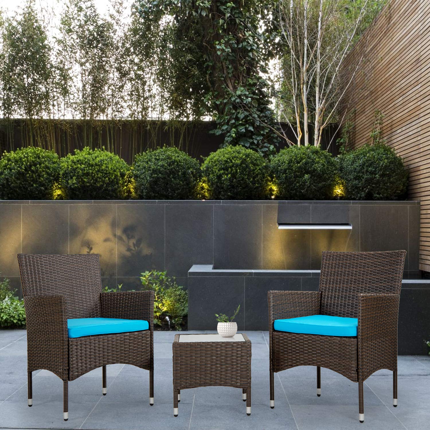 FDW Patio Furniture Sets 3 Pieces Wicker Bistro Set Outdoor Patio Set Rattan Chair Conversation Sets Patio Sofa Wicker Table Set for Yard Backyard Lawn Porch Poolside Balcony,Blue Cushion