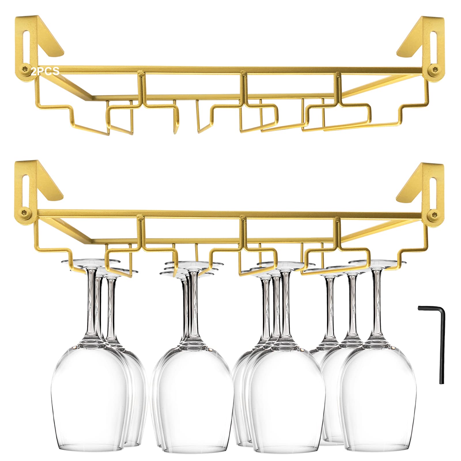 AUHOKY Adjustable Wine Glass Holder Under Shelf, Nail Free Metal Stemware Holder Storage Hanger, Hanging Wine Glasses Rack Organizer Under Cabinet Mount for Bar Kitchen (4 Rows, Gold)