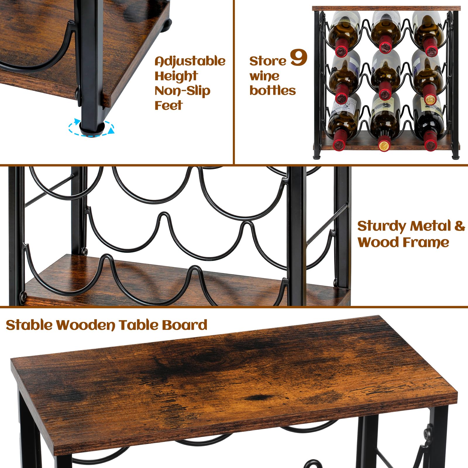 Brightever Wine Rack Countertop, Wood Wine Storage Cabinet Shelf, 3-Tier 9-Bottle Black Tabletop Wine Bottle Holder, Freestanding Wine Bottles Organizer, Wine Rack for Home Kitchen Pantry Bar