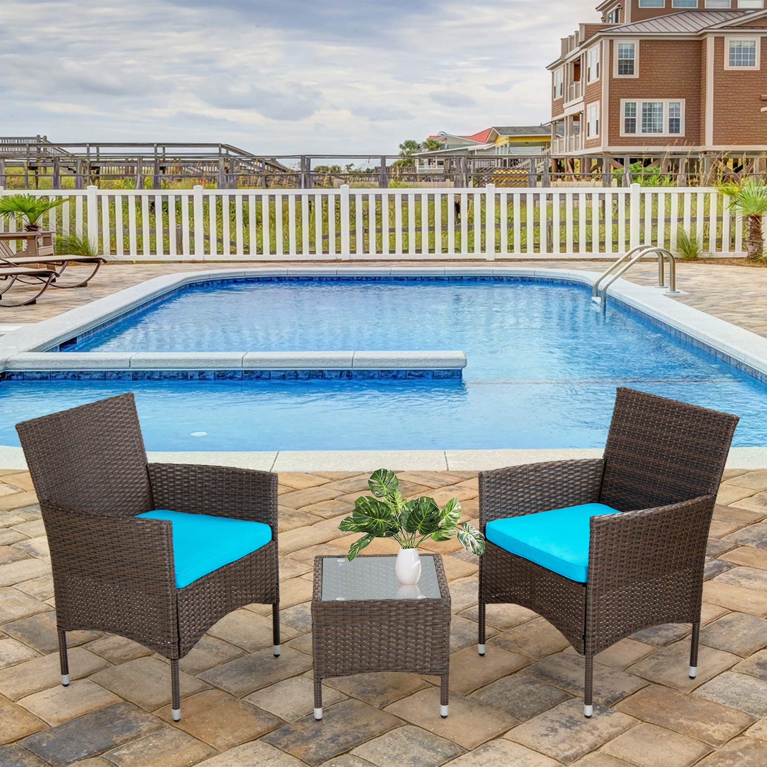 FDW Patio Furniture Sets 3 Pieces Wicker Bistro Set Outdoor Patio Set Rattan Chair Conversation Sets Patio Sofa Wicker Table Set for Yard Backyard Lawn Porch Poolside Balcony,Blue Cushion