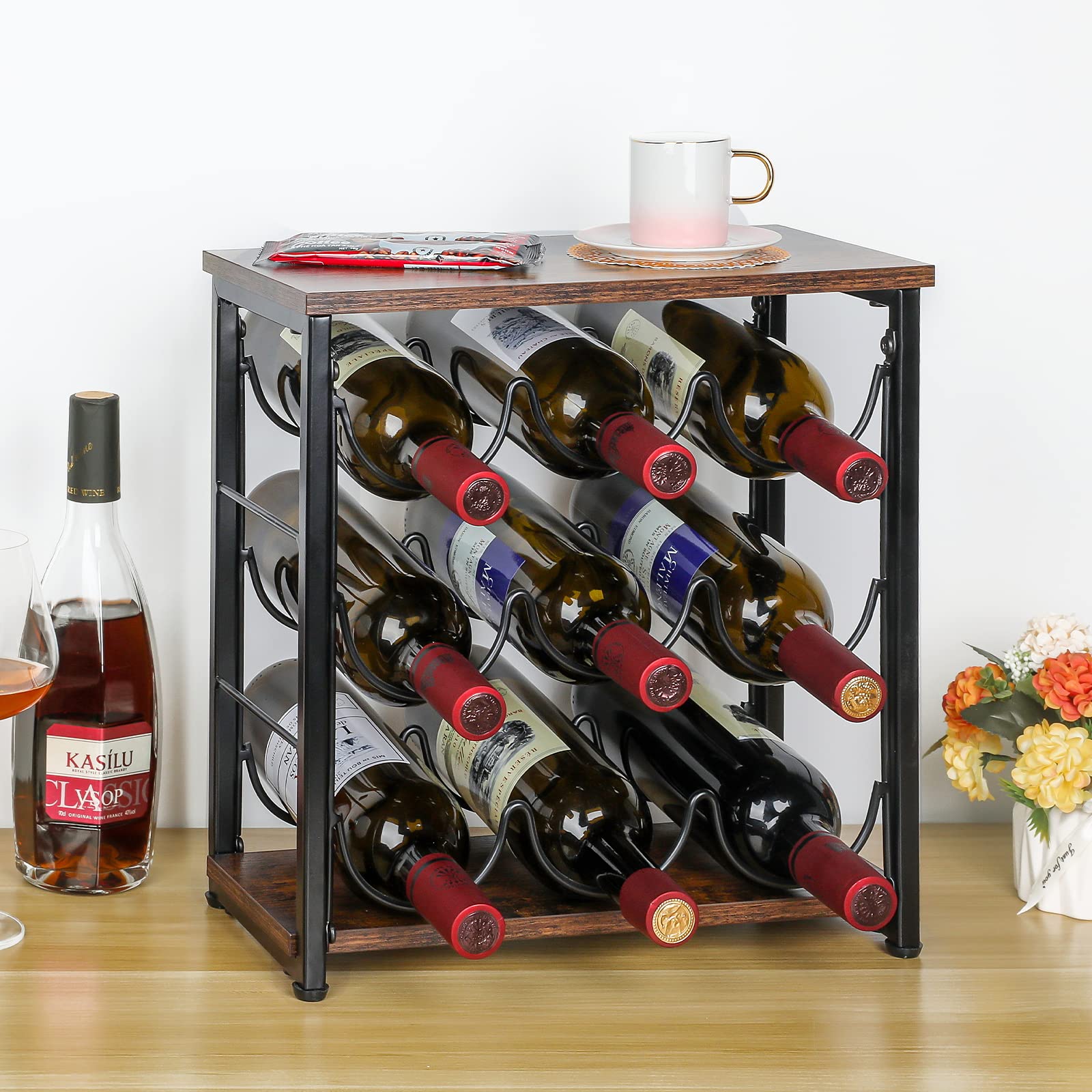 Brightever Wine Rack Countertop, Wood Wine Storage Cabinet Shelf, 3-Tier 9-Bottle Black Tabletop Wine Bottle Holder, Freestanding Wine Bottles Organizer, Wine Rack for Home Kitchen Pantry Bar