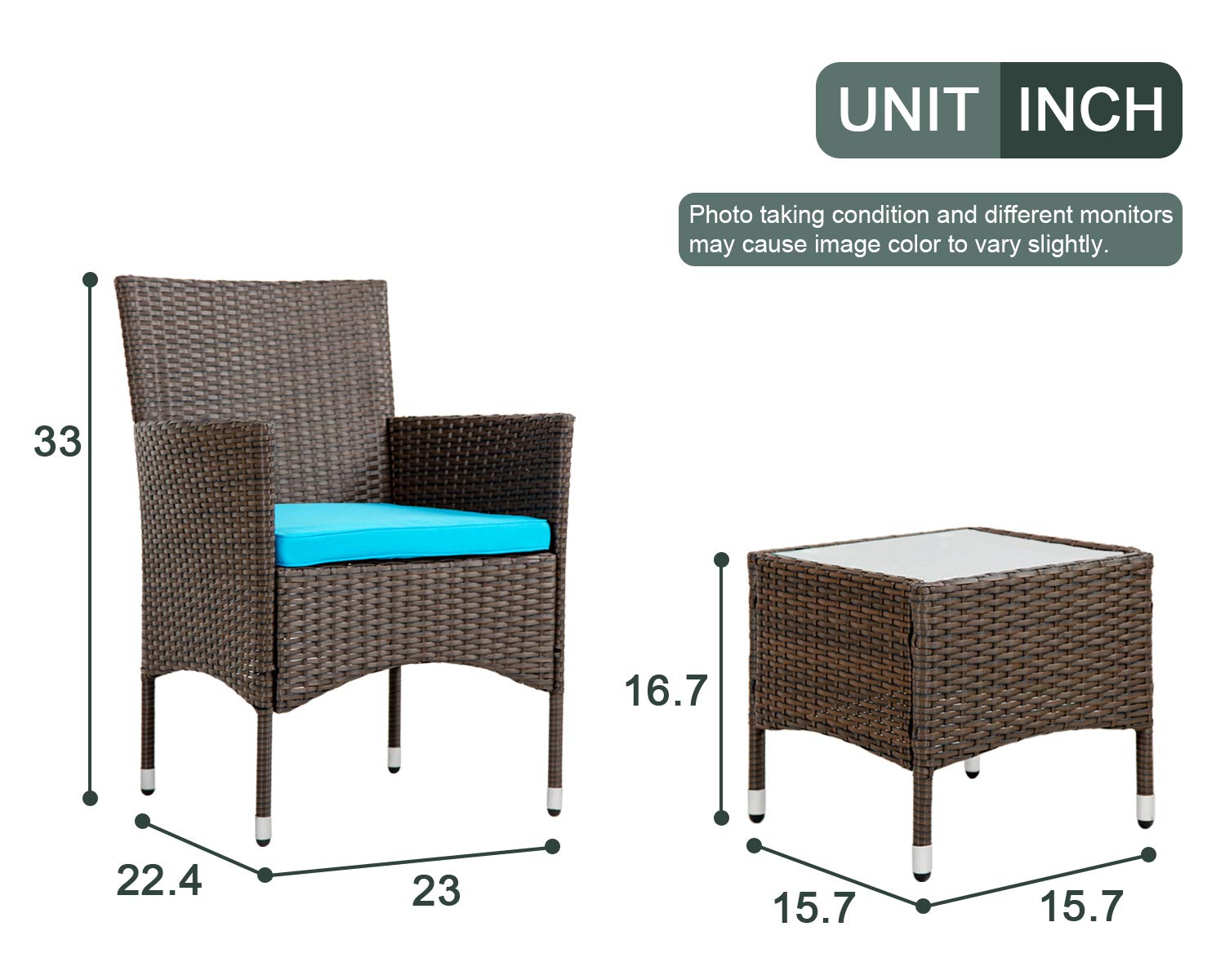 FDW Patio Furniture Sets 3 Pieces Wicker Bistro Set Outdoor Patio Set Rattan Chair Conversation Sets Patio Sofa Wicker Table Set for Yard Backyard Lawn Porch Poolside Balcony,Blue Cushion