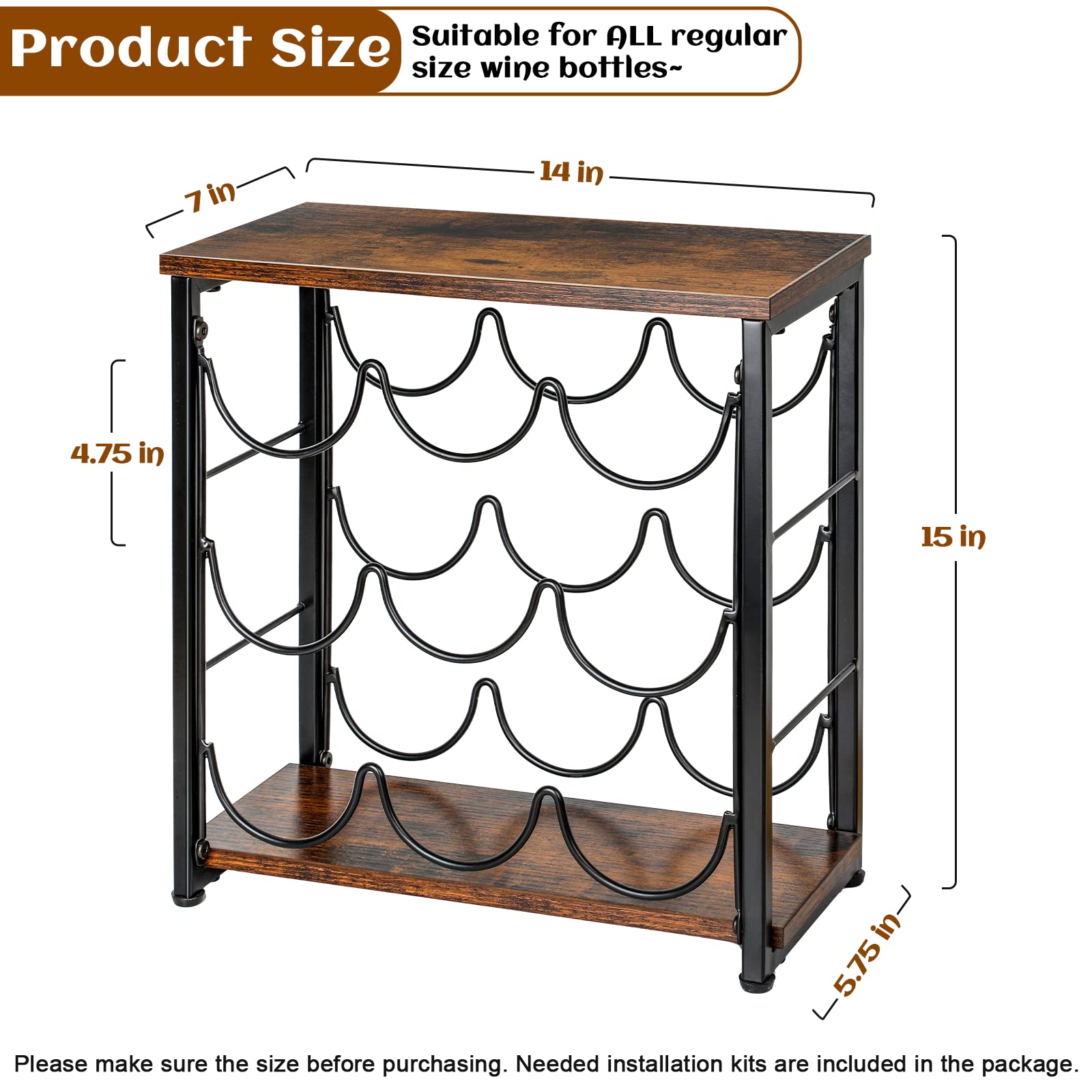 Brightever Wine Rack Countertop, Wood Wine Storage Cabinet Shelf, 3-Tier 9-Bottle Black Tabletop Wine Bottle Holder, Freestanding Wine Bottles Organizer, Wine Rack for Home Kitchen Pantry Bar