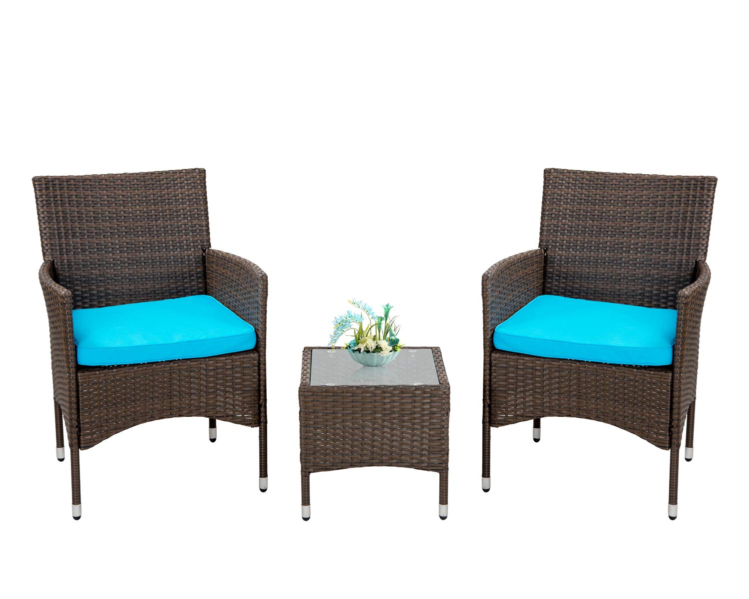 FDW Patio Furniture Sets 3 Pieces Wicker Bistro Set Outdoor Patio Set Rattan Chair Conversation Sets Patio Sofa Wicker Table Set for Yard Backyard Lawn Porch Poolside Balcony,Blue Cushion