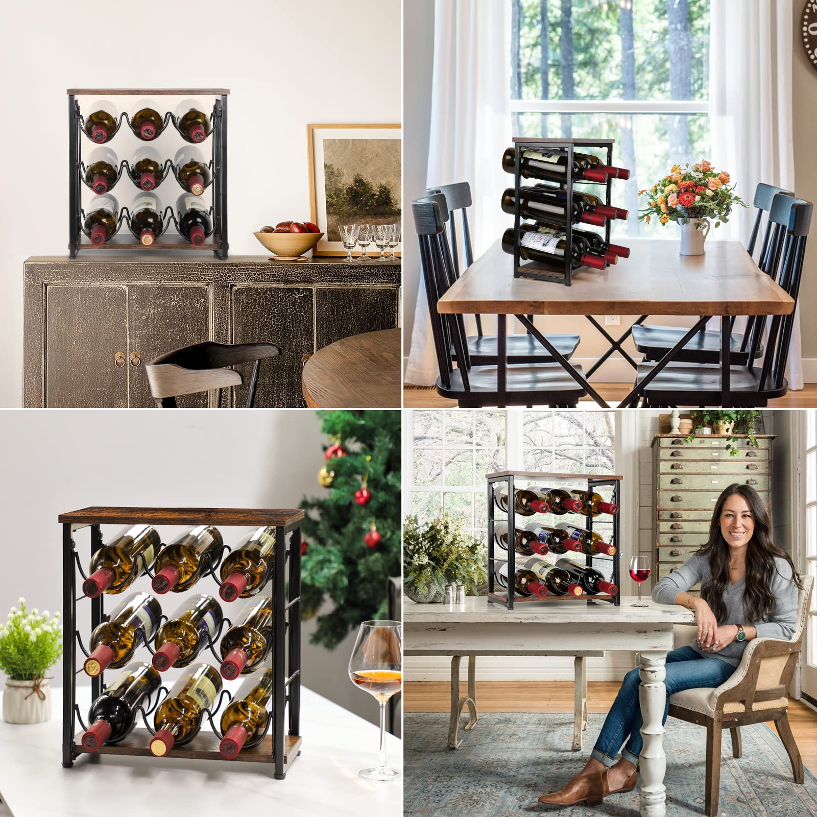 Brightever Wine Rack Countertop, Wood Wine Storage Cabinet Shelf, 3-Tier 9-Bottle Black Tabletop Wine Bottle Holder, Freestanding Wine Bottles Organizer, Wine Rack for Home Kitchen Pantry Bar