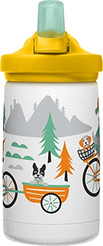 CamelBak Eddy+ Kids 12 oz Bottle, Insulated Stainless Steel with Straw Cap - Leak Proof When Closed,Biking Dogs & CamelBak eddy Kids Bite Valves, 4-Pack