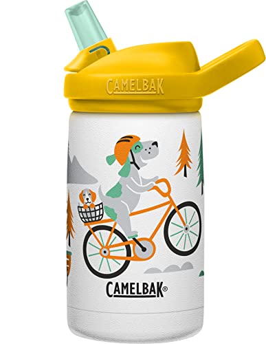 CamelBak Eddy+ Kids 12 oz Bottle, Insulated Stainless Steel with Straw Cap - Leak Proof When Closed,Biking Dogs & CamelBak eddy Kids Bite Valves, 4-Pack