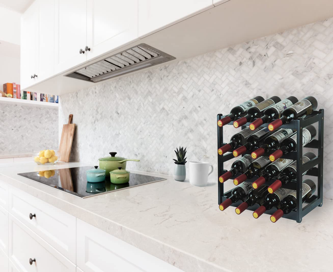 Homevany Bamboo Wine Rack, Sturdy and Durable Wine Storage Cabinet Shelf, Wine Racks Countertop for Pantry - 4 Tiers 16 Bottle Wine Rack Black