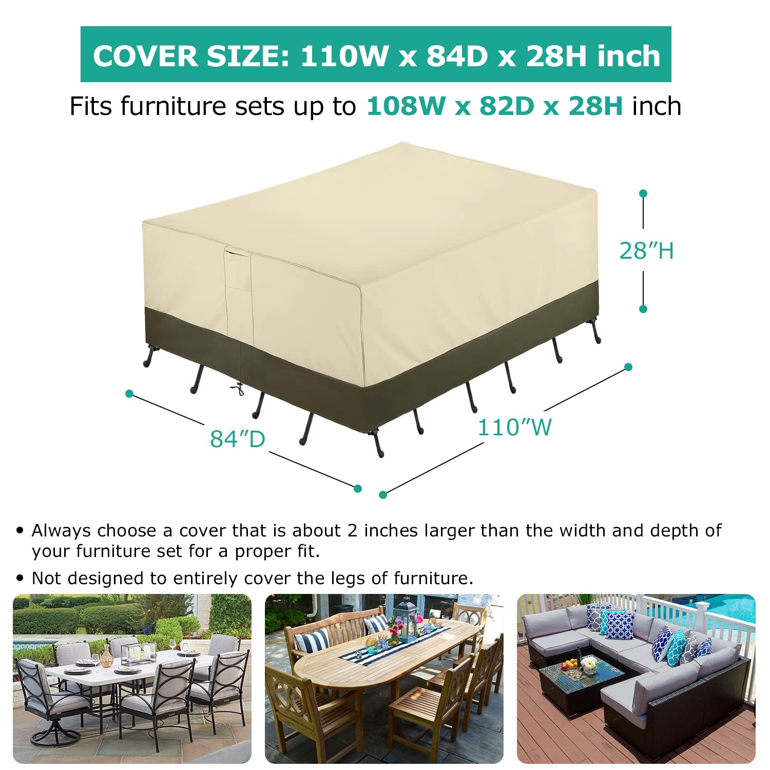 SunPatio Waterproof Patio Furniture Covers, Rectangular/Oval Dining Table and Chairs Cover, All-Weather Protection Outdoor Sectional Conversation Set Cover, Beige and Olive, 110"W x 84"D x 28"H