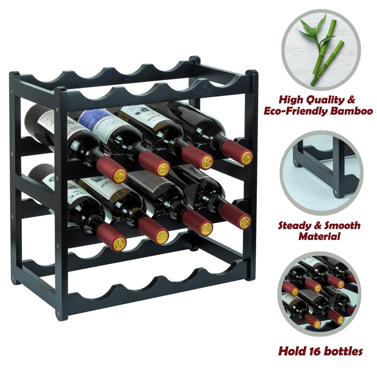 Homevany Bamboo Wine Rack, Sturdy and Durable Wine Storage Cabinet Shelf, Wine Racks Countertop for Pantry - 4 Tiers 16 Bottle Wine Rack Black