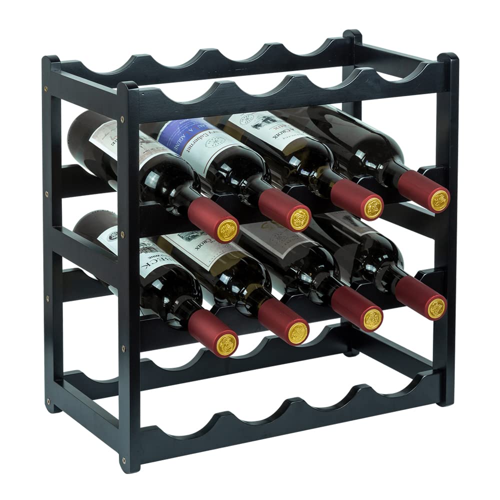 Homevany Bamboo Wine Rack, Sturdy and Durable Wine Storage Cabinet Shelf, Wine Racks Countertop for Pantry - 4 Tiers 16 Bottle Wine Rack Black