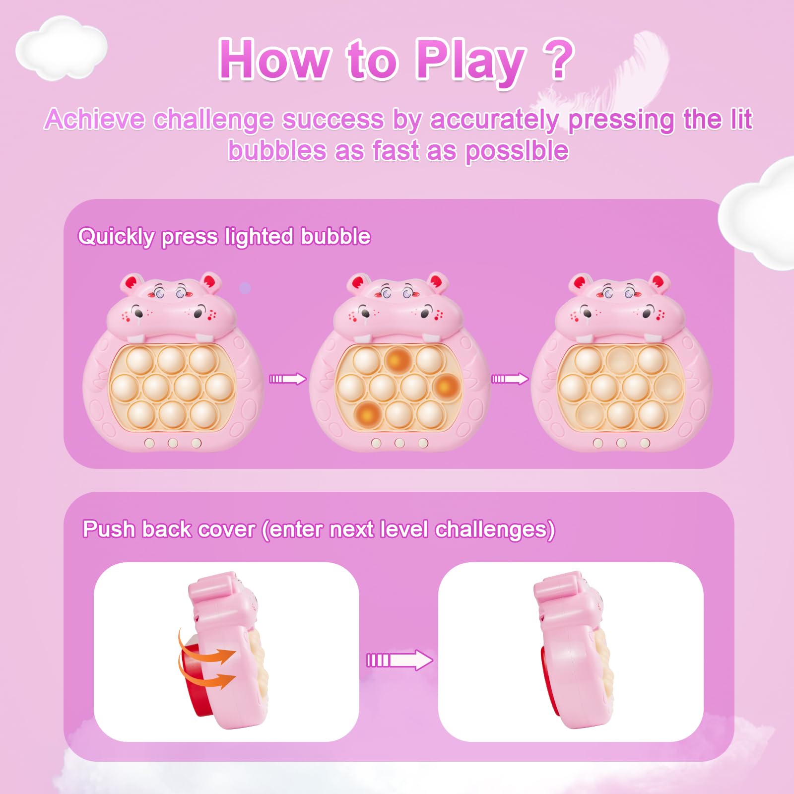 Raripida Pop Light Up Game, Handheld Fidget Light-up Pop Toys for Kids 6-12, Push Pop Sensory Toys with Memory Games, Stress Relief Pop Puzzle Game for Boy Girl Teens, Pink