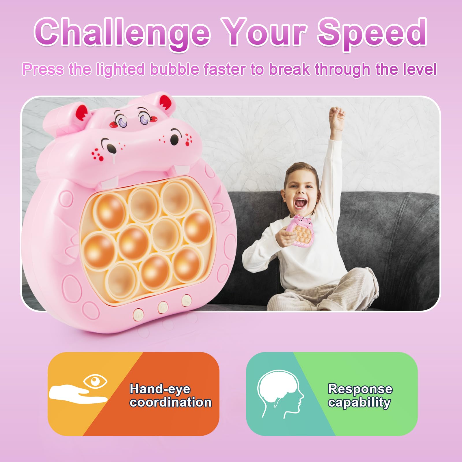 Raripida Pop Light Up Game, Handheld Fidget Light-up Pop Toys for Kids 6-12, Push Pop Sensory Toys with Memory Games, Stress Relief Pop Puzzle Game for Boy Girl Teens, Pink