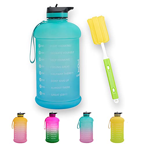 ez-FiT 1 Gallon & Half Gallon Bottles with Straw Time Marker & Motivational Water Bottle with Cleaning Brush Leakproof Reusable Gym Sports Outdoor (1 Gallon/128oz, Aquamarine/Deep SkyBlue Gradient)