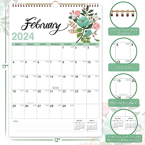 2024 Wall Calendar - Calendar 2024, Monthly Calendar from Jan. 2024 - Dec. 2024, 12'' × 17'', Vertical Calendar 2024 Monthly with Twin-Wire Binding, Large Writing Block, Perfect for Planning and