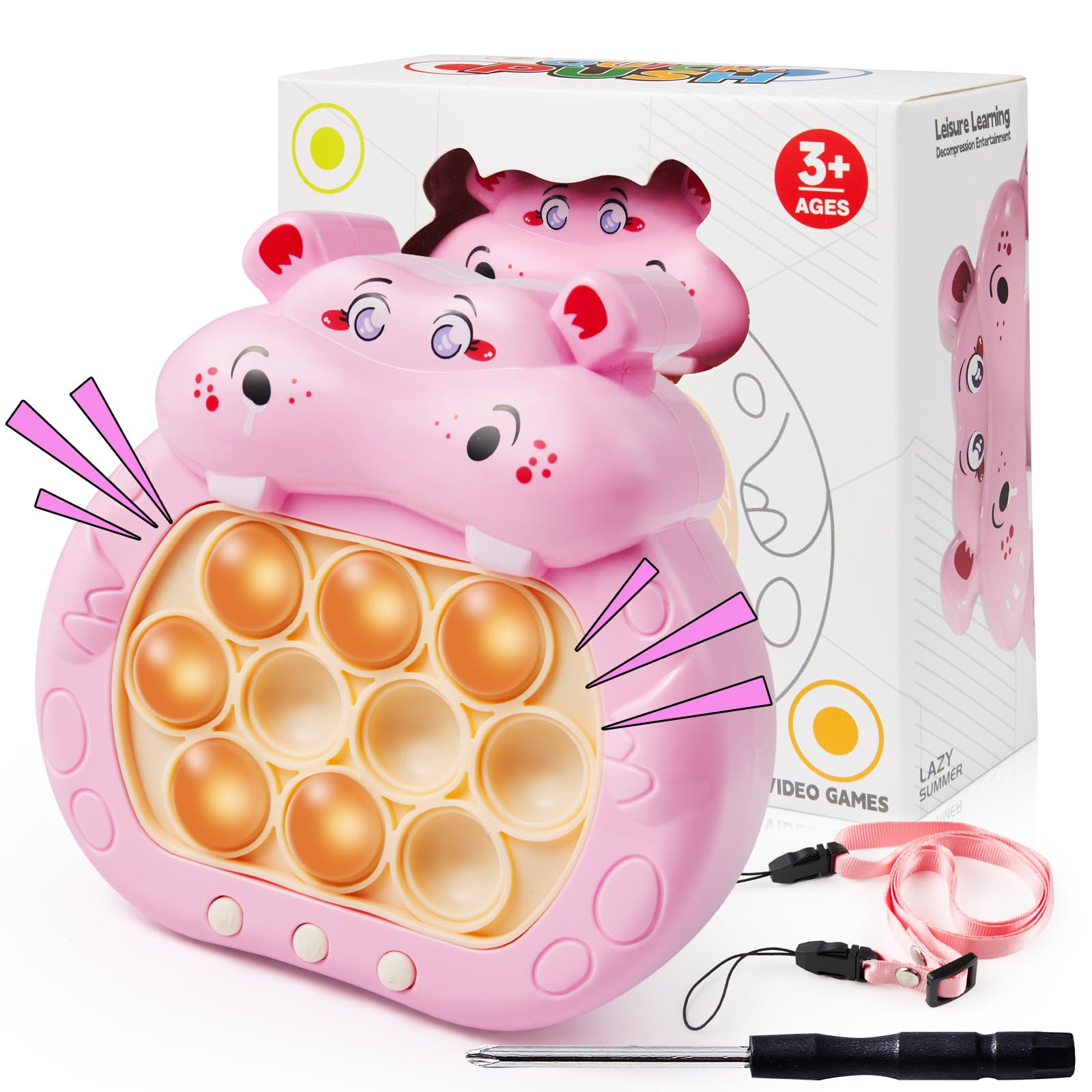 Raripida Pop Light Up Game, Handheld Fidget Light-up Pop Toys for Kids 6-12, Push Pop Sensory Toys with Memory Games, Stress Relief Pop Puzzle Game for Boy Girl Teens, Pink