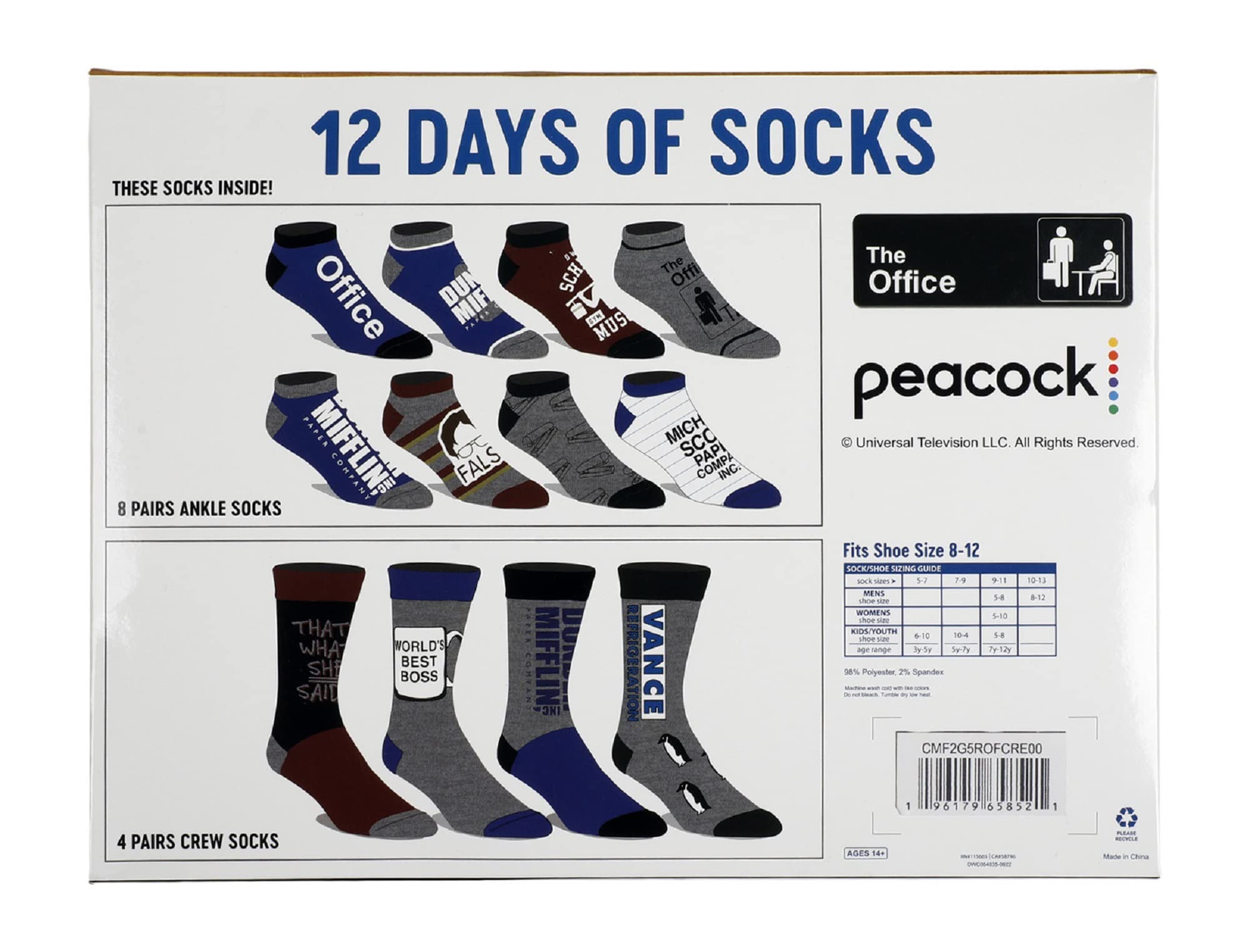 Bioworld The Office TV Show 12 Days Of Socks Dunder Mifflin Advent Calendar Set (Mens shoe size 8-12)