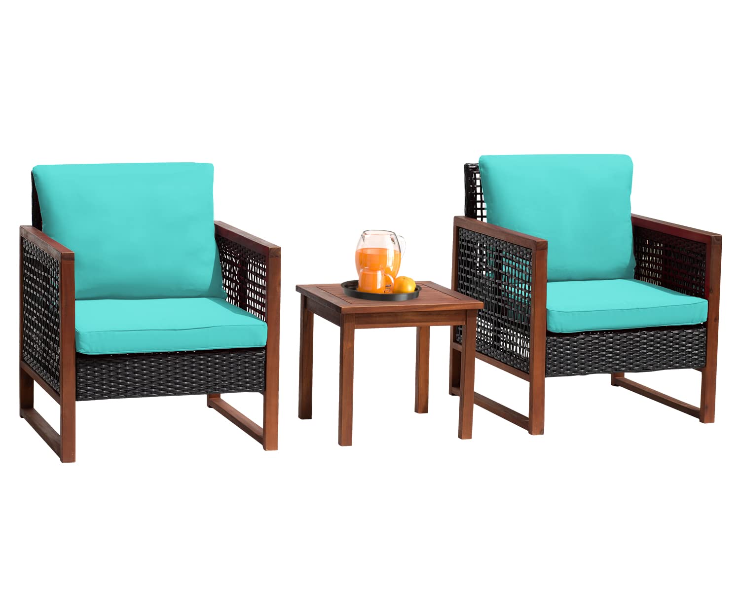 FDW 3-Piece Patio Bistro Set Acacia Wood Outdoor Chat Conversation Table Chair Set Outdoor Wood Chat Set with Water Resistant Cushions and Coffee Table for Beach Backyard Garden,Blue Cushion