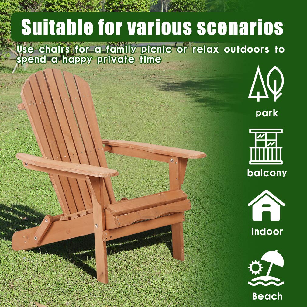 Adirondack Chair,Folding Wooden Lounger Chair,All-Weather Chair for Fire Pit/Garden/Fish with 250lbs Duty Rating,Natural