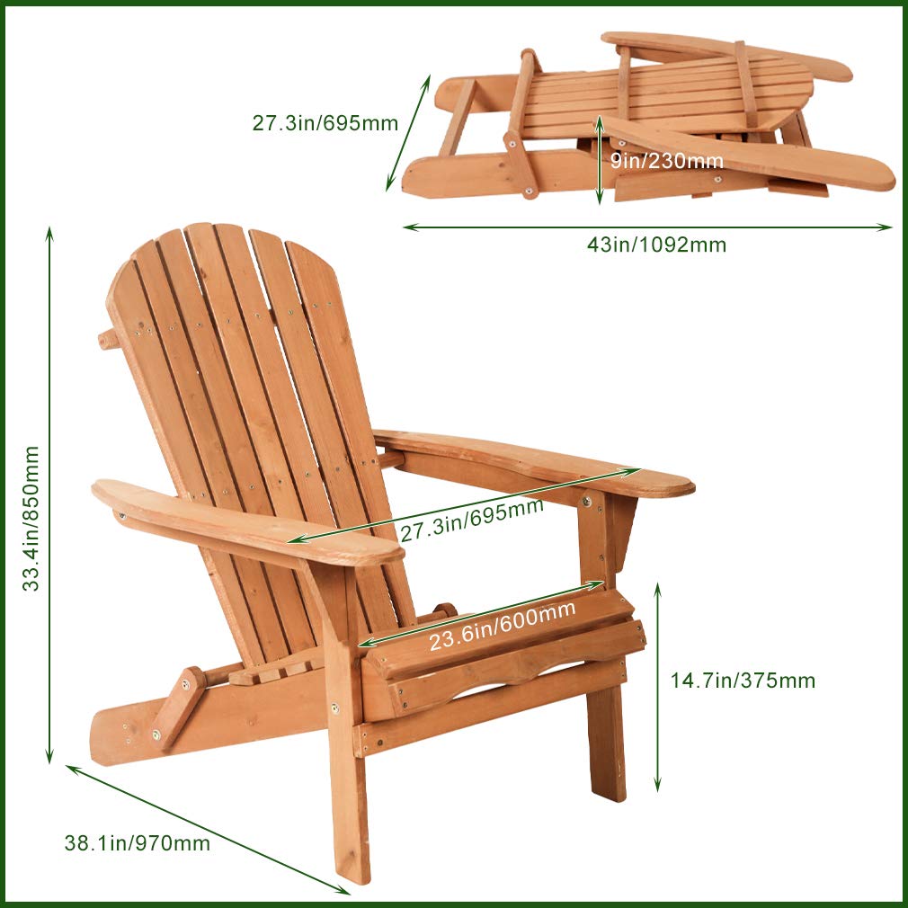 Adirondack Chair,Folding Wooden Lounger Chair,All-Weather Chair for Fire Pit/Garden/Fish with 250lbs Duty Rating,Natural