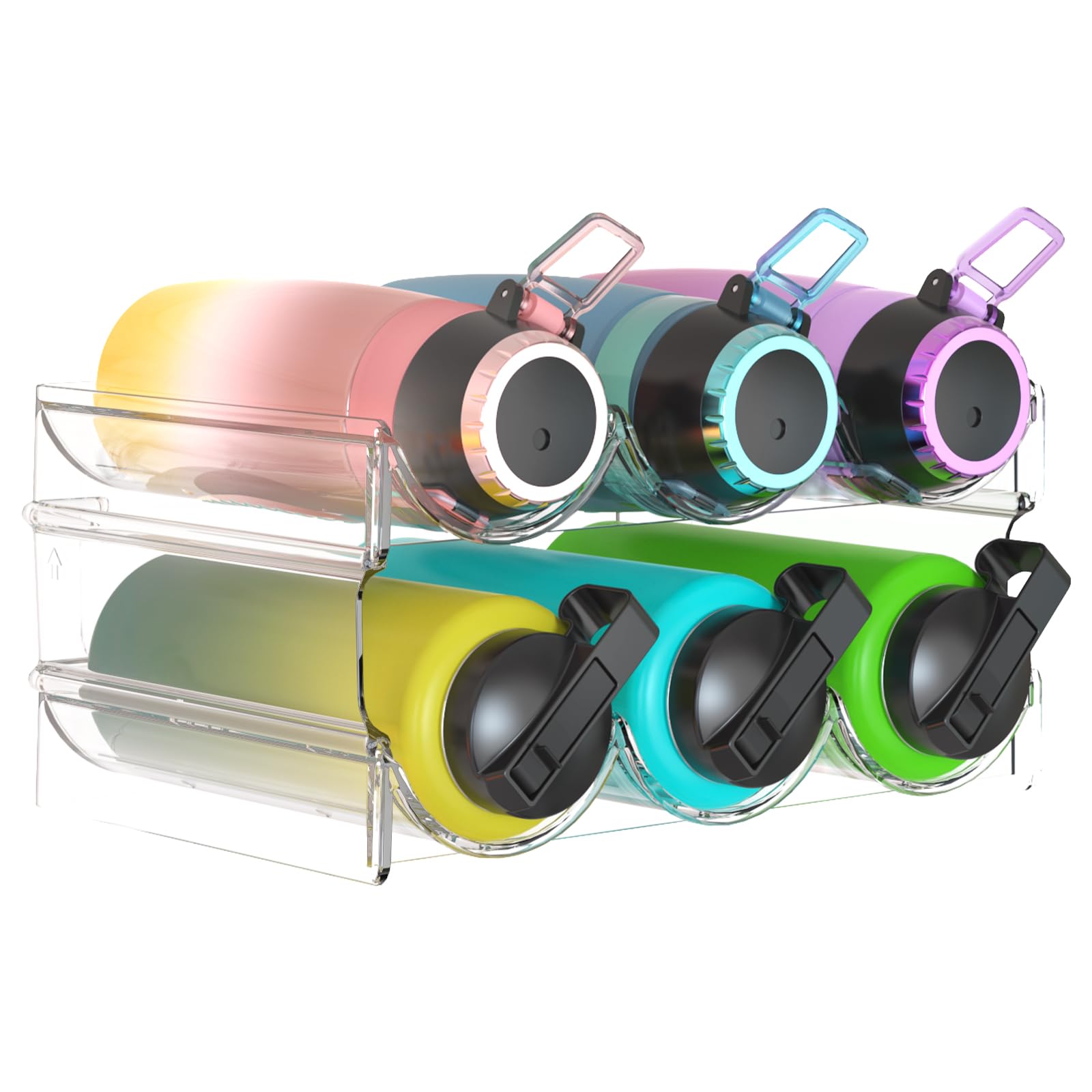 Plastic Water Bottle Organizer and Wine Rack Storage Holder,2 Tier 6 Containers Stackable Free-Standing Bottle Storage Rack for Kitchen Countertops, Table Top, Pantry, Bars, Cabinets, Fridge - Clear